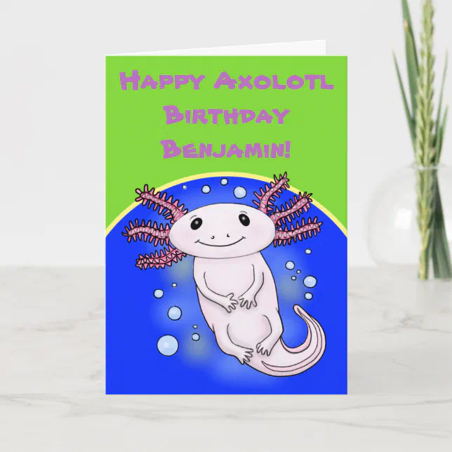 Happy axolotl birthday blue bubbles cartoon card | Zazzle