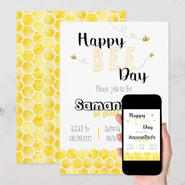 Happy Bee-Day Bee Theme Birthday Black and yellow Invitation | Zazzle
