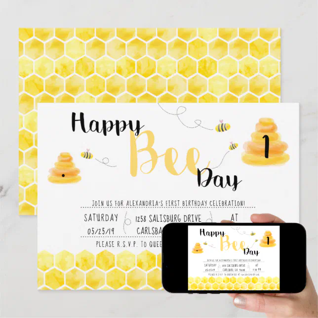 Happy Bee Day Black and Yellow Bee Themed Party Invitation | Zazzle