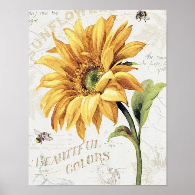 Happy Bees and Yellow Sunflowers Poster | Zazzle