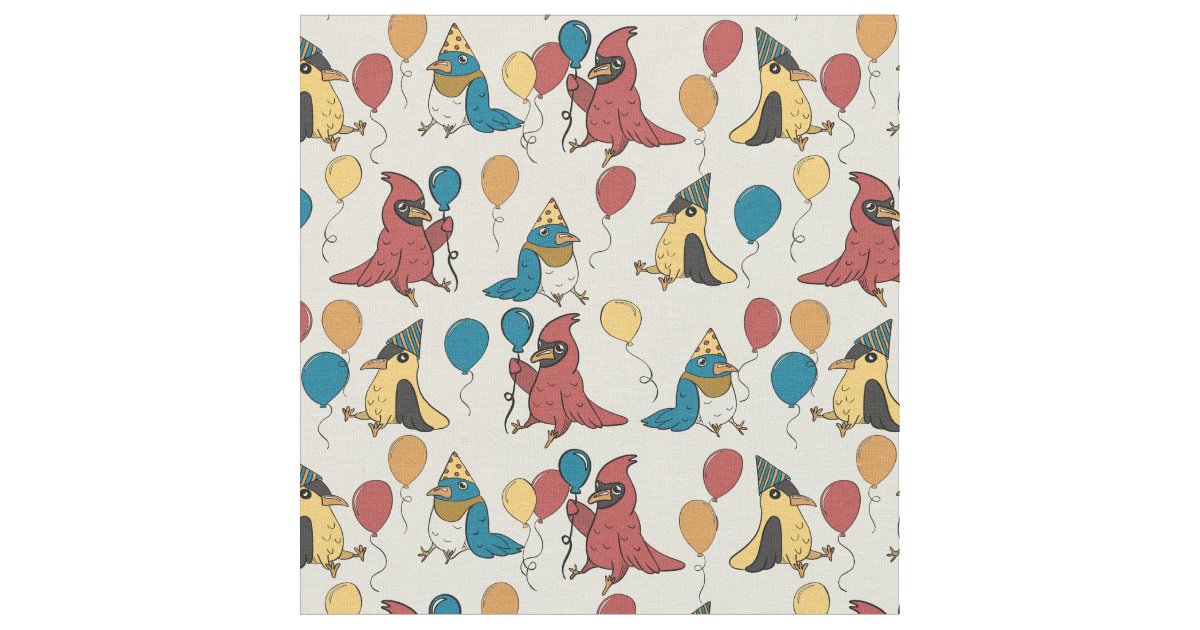 Happy Bird Day Cartoon Birds Themed Birthday Fabric | Zazzle
