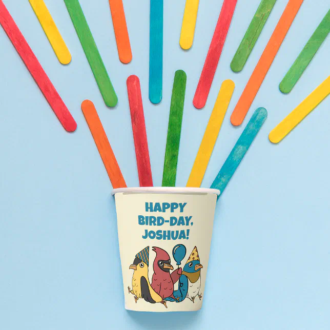 Happy Bird Day Cartoon Birds Themed Birthday Paper Cups | Zazzle