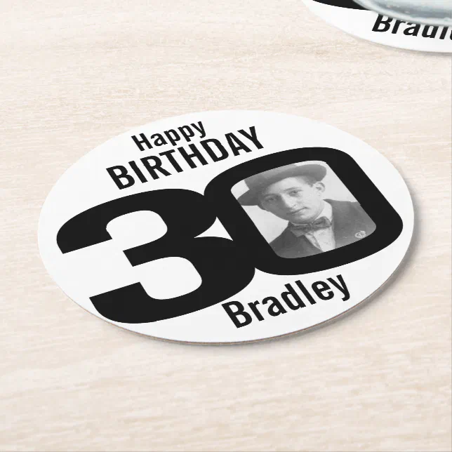 Happy birthday 30 name and photo paper coasters | Zazzle