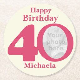 Happy birthday 40 name and photo paper coasters | Zazzle