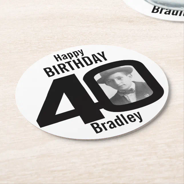 Happy birthday 40 name and photo paper coasters | Zazzle