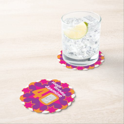 Happy birthday 40th name and photo paper coasters | Zazzle