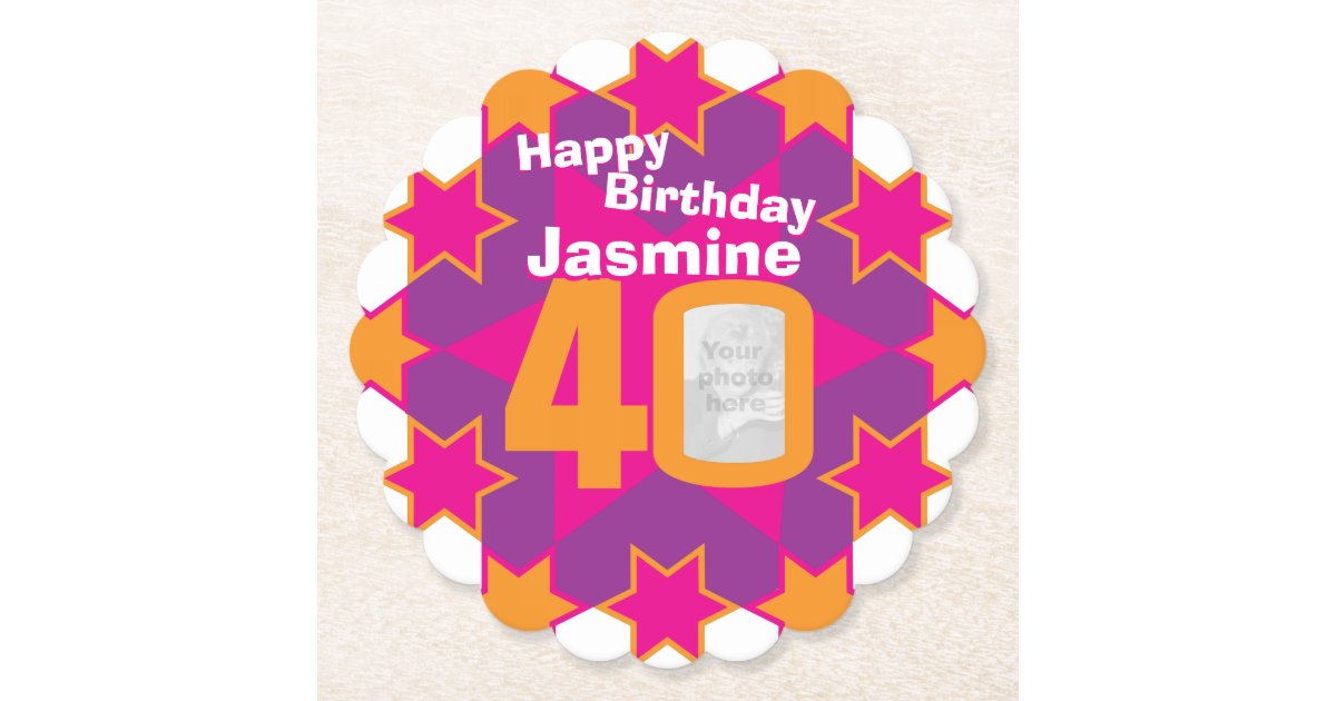 Happy birthday 40th name and photo paper coasters | Zazzle