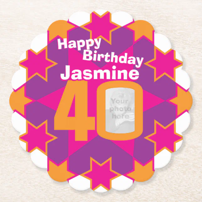 Happy birthday 40th name and photo paper coasters | Zazzle