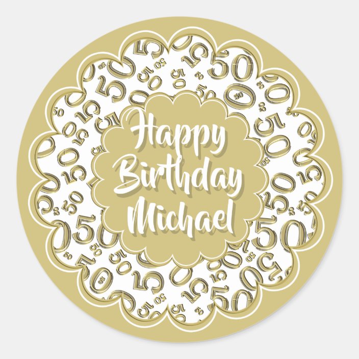 Happy Birthday 50th Cool Number Pattern Gold/White Classic Round ...