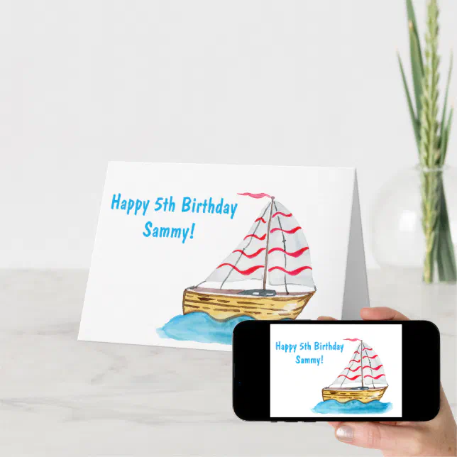 Happy Birthday 5th Watercolor Sail Boat Card | Zazzle