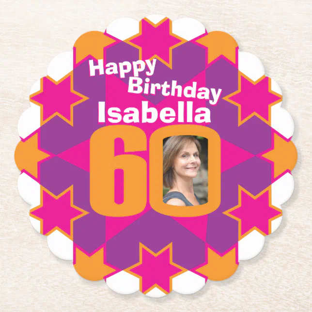 Happy birthday 60th name and photo paper coasters | Zazzle
