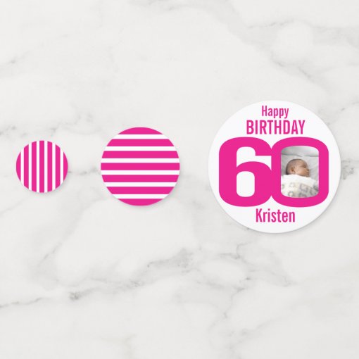 Happy birthday 60th name photo pink white confetti | Zazzle