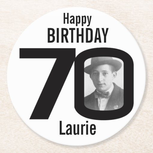 Happy birthday 70th name and photo paper coasters | Zazzle