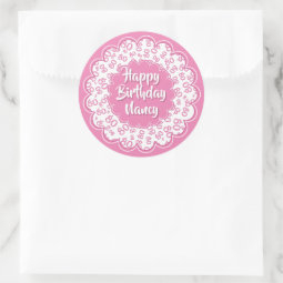 Happy Birthday 80th Number Pattern Pink and White Classic Round Sticker ...