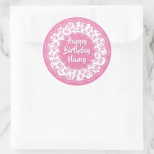 Happy Birthday 80th Number Pattern Pink and White Classic Round Sticker ...