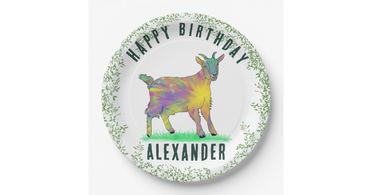Happy Birthday add Name Goat and Foliage Paper Plates | Zazzle