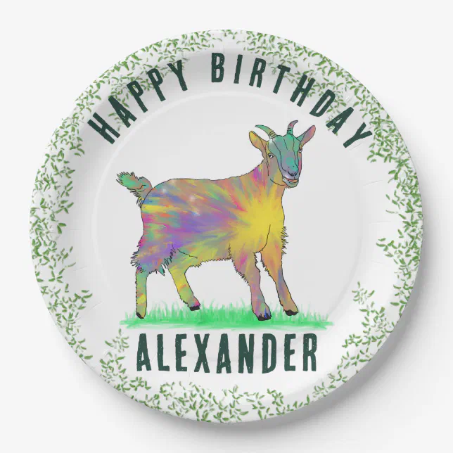 Happy Birthday add Name Goat and Foliage Paper Plates | Zazzle
