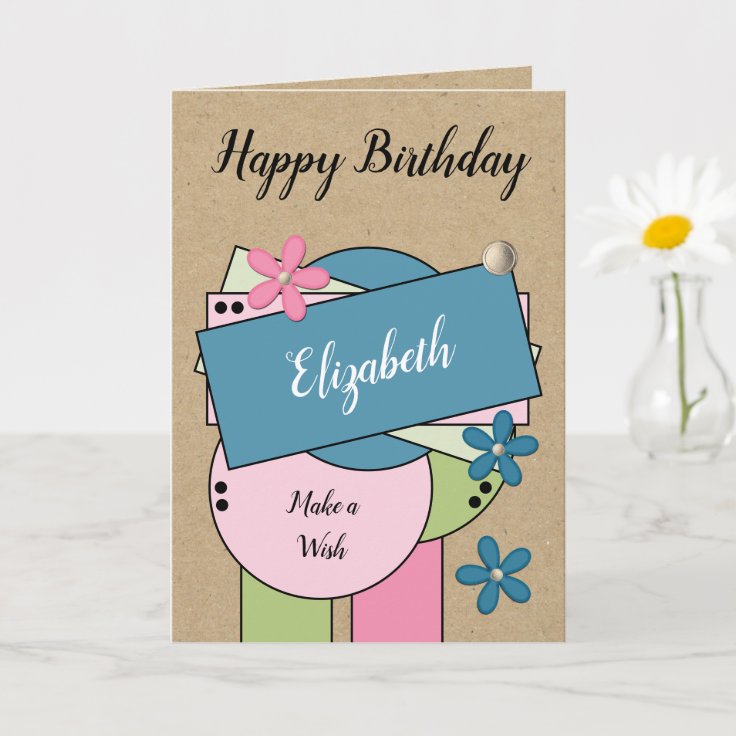 Happy birthday add name pink green blue rustic card | Zazzle