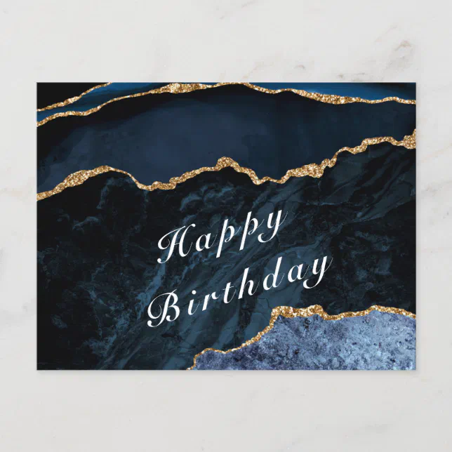 Happy Birthday - Agate Navy Blue Gold Gemstone Postcard | Zazzle
