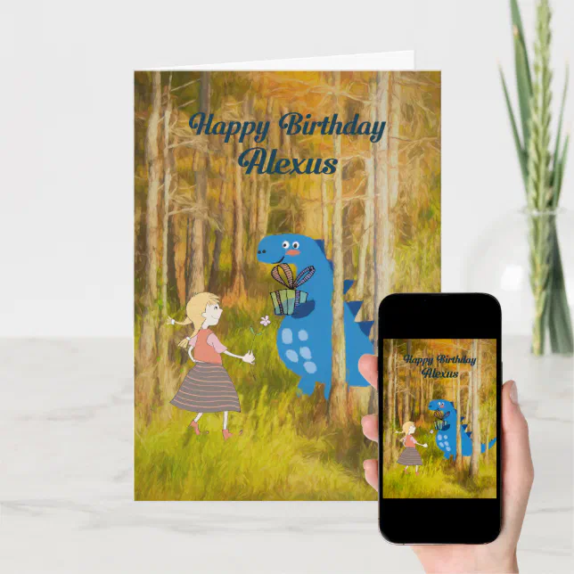 Happy Birthday Alexus Card with Dinosaur | Zazzle
