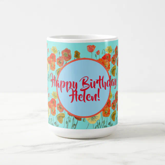 Happy Birthday aqua Orange Poppy Womans Name Mug | Zazzle