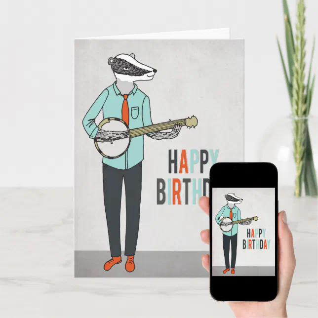 Happy Birthday - Badger playing Banjo Greeting Car Card | Zazzle