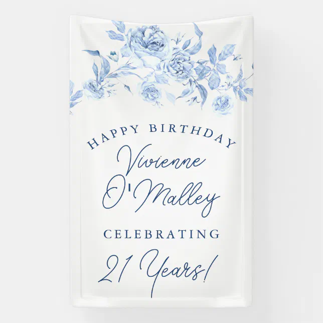 Happy Birthday Banner 21st Blue Floral Template | Zazzle