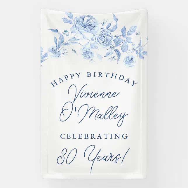 Happy Birthday Banner 30th Blue Floral Template | Zazzle