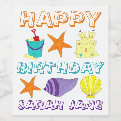 Happy Birthday Beach Seashell Starfish Sandcastle Wine Label | Zazzle