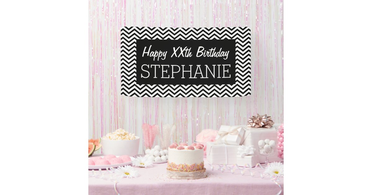 Happy Birthday - Black White Chevrons Custom text Banner | Zazzle
