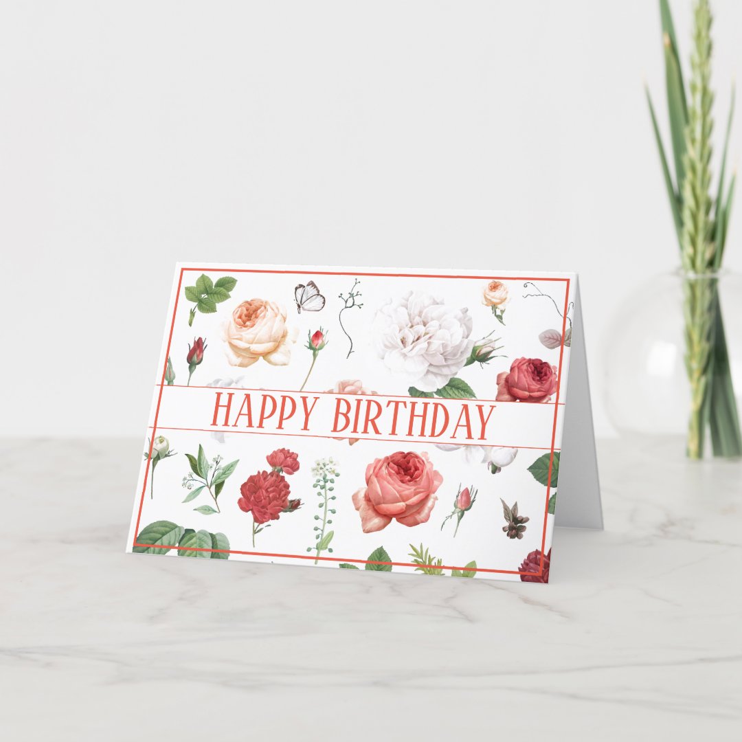 HAPPY BIRTHDAY BOTANICAL ROSES PRINT GREETING CARD | Zazzle