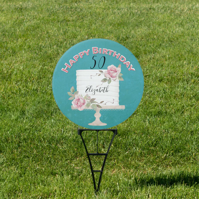Happy Birthday Cake 50th Floral Modern Simple Sign | Zazzle