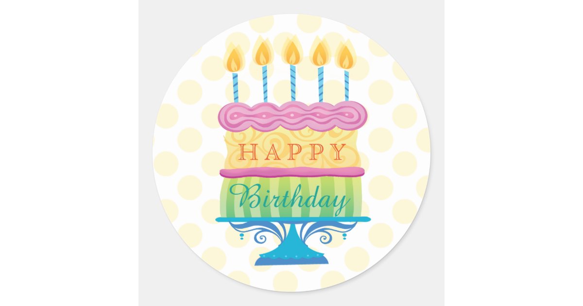 Happy Birthday Cake with yellow dots Round Sticker | Zazzle