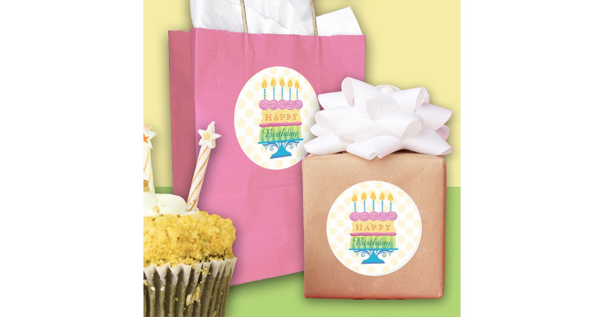 Happy Birthday Cake | Yellow Dots Round Sticker | Zazzle