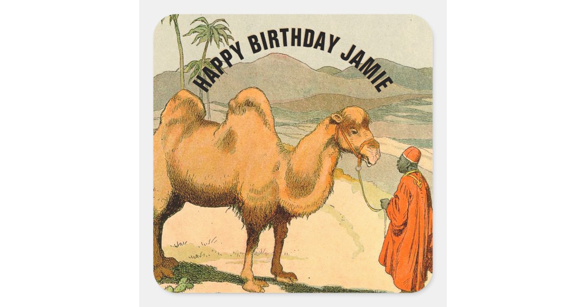 Happy Birthday Camel Illustrated Square Sticker | Zazzle