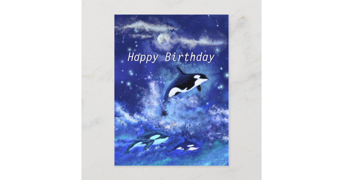 Happy Birthday Card Killer Whales on Full Moon | Zazzle