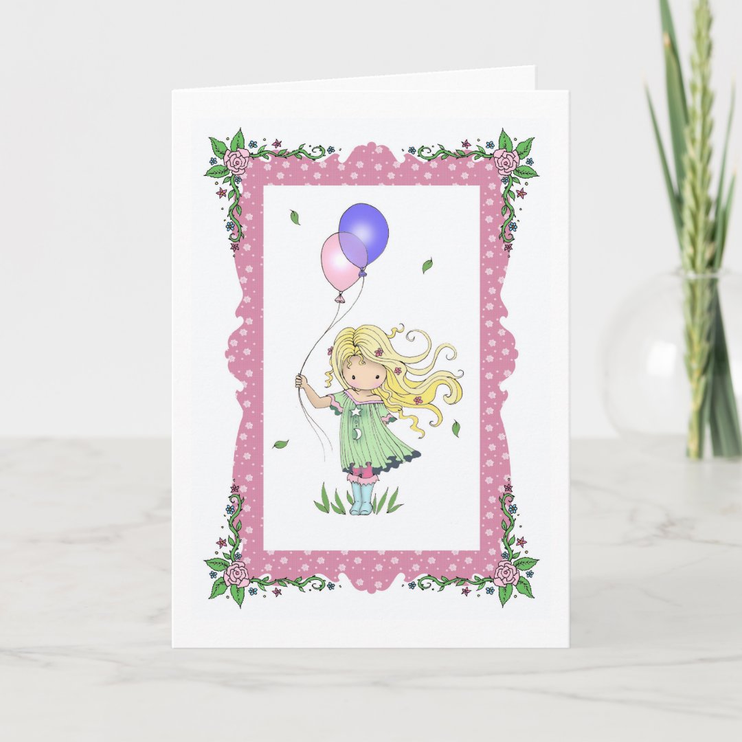 Happy Birthday Card Little Girl Holding Balloons | Zazzle