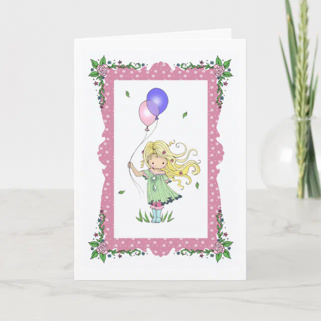 Happy Birthday Card Little Girl Holding Balloons | Zazzle