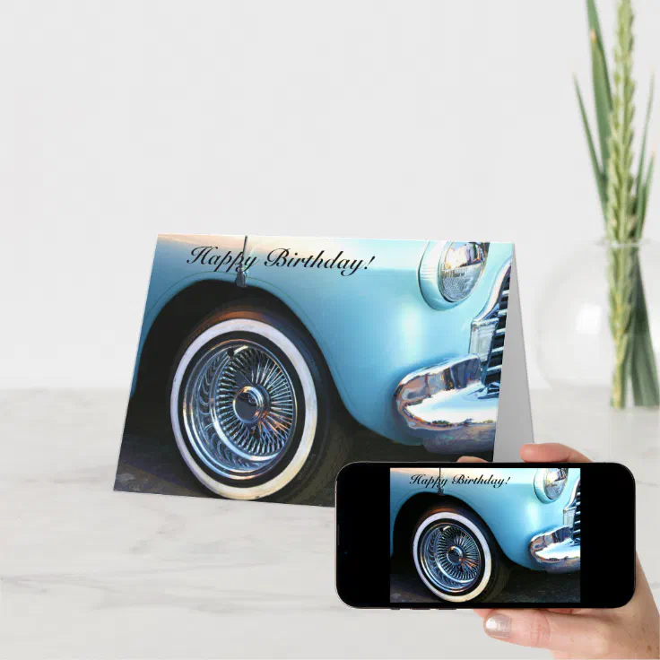 Happy Birthday Classic Blue Car greeting card | Zazzle