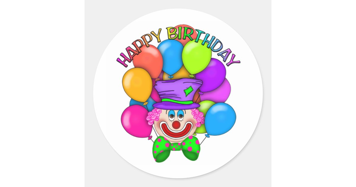 Happy Birthday Clown and Balloons Classic Round Sticker | Zazzle