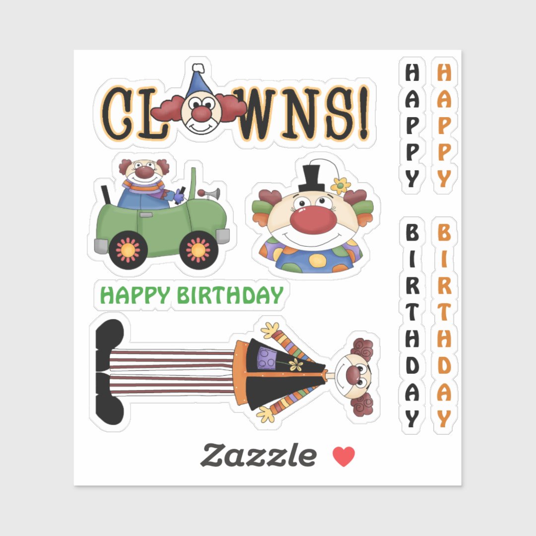 Happy Birthday colorful funny clowns Sticker | Zazzle