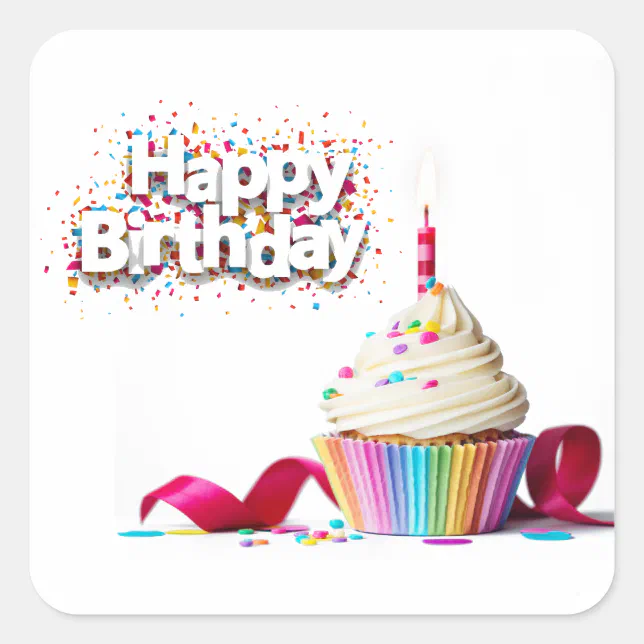 Happy Birthday Cupcake Square Sticker | Zazzle