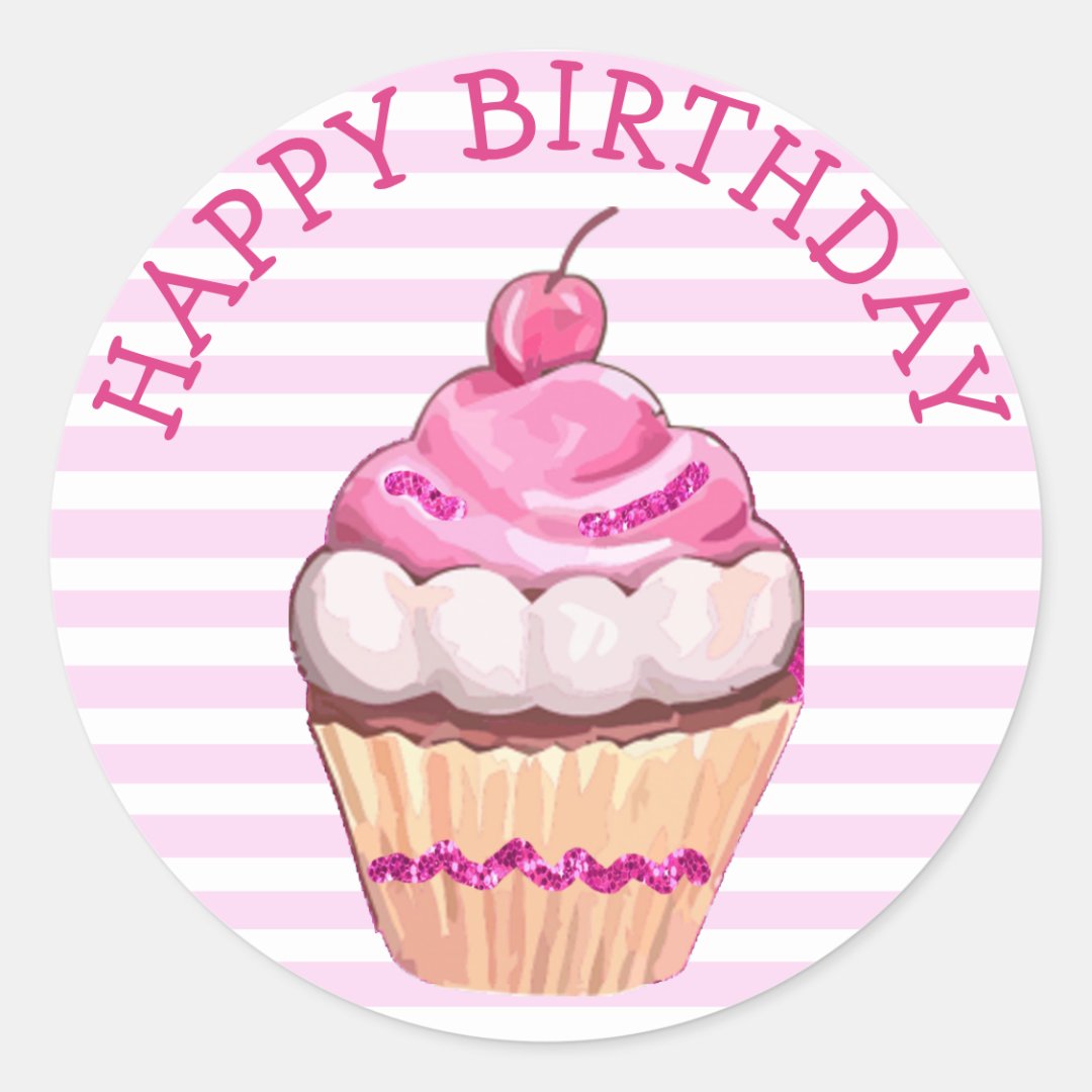 Happy Birthday Cupcake Stickers pink and white | Zazzle