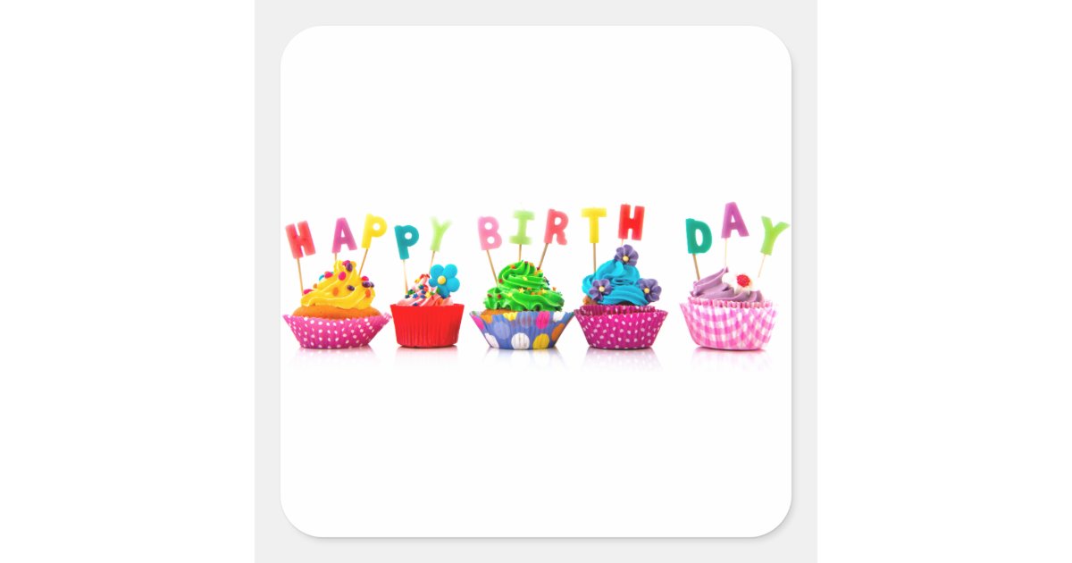 Happy Birthday Cupcakes Square Sticker | Zazzle