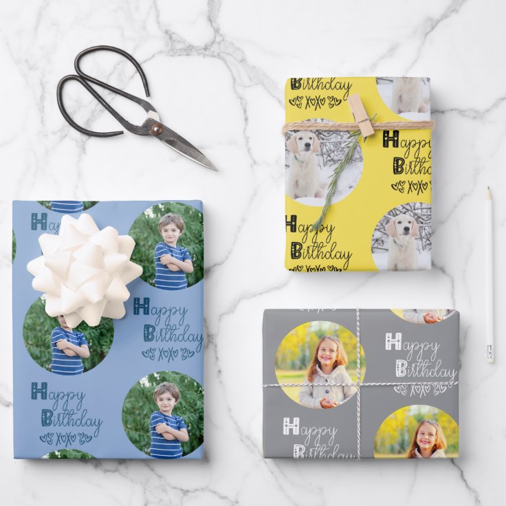 Happy Birthday Custom Photo Set of 3 Blue Yellow Wrapping Paper Sheets ...