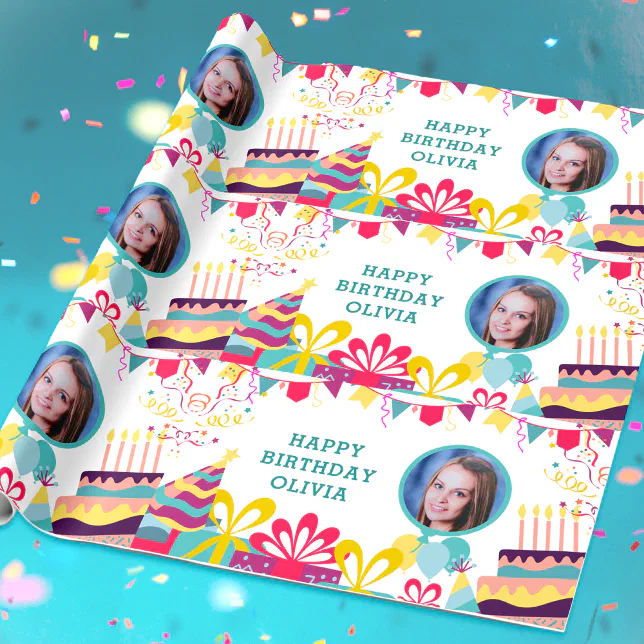 Happy Birthday Custom Photo Text Personalized Wrapping Paper | Zazzle
