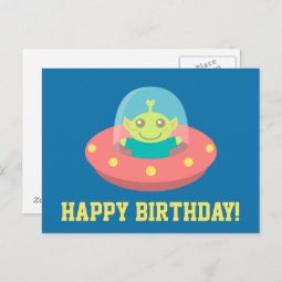 Happy Birthday, Cute Alien in Spacecraft Postcard | Zazzle