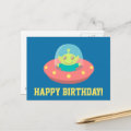 Happy Birthday, Cute Alien in Spacecraft Postcard | Zazzle