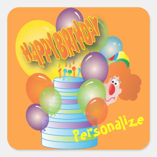 Happy Birthday Cute Cartoon Clown for Kids Square Sticker | Zazzle