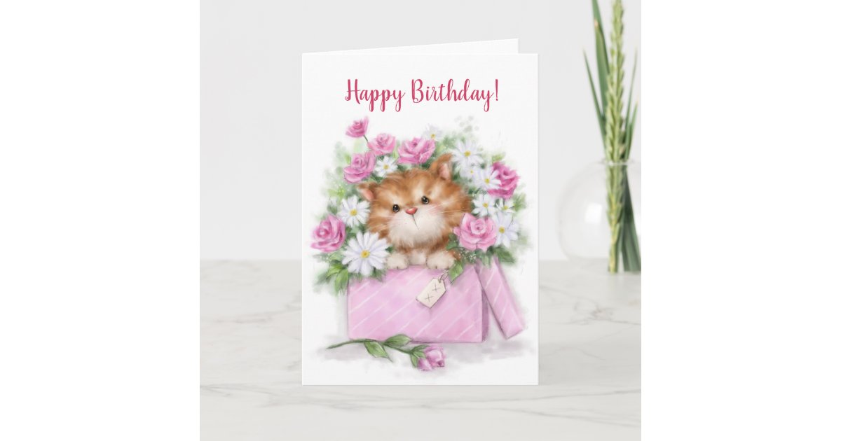 Happy Birthday, cute cat in flower box Card | Zazzle